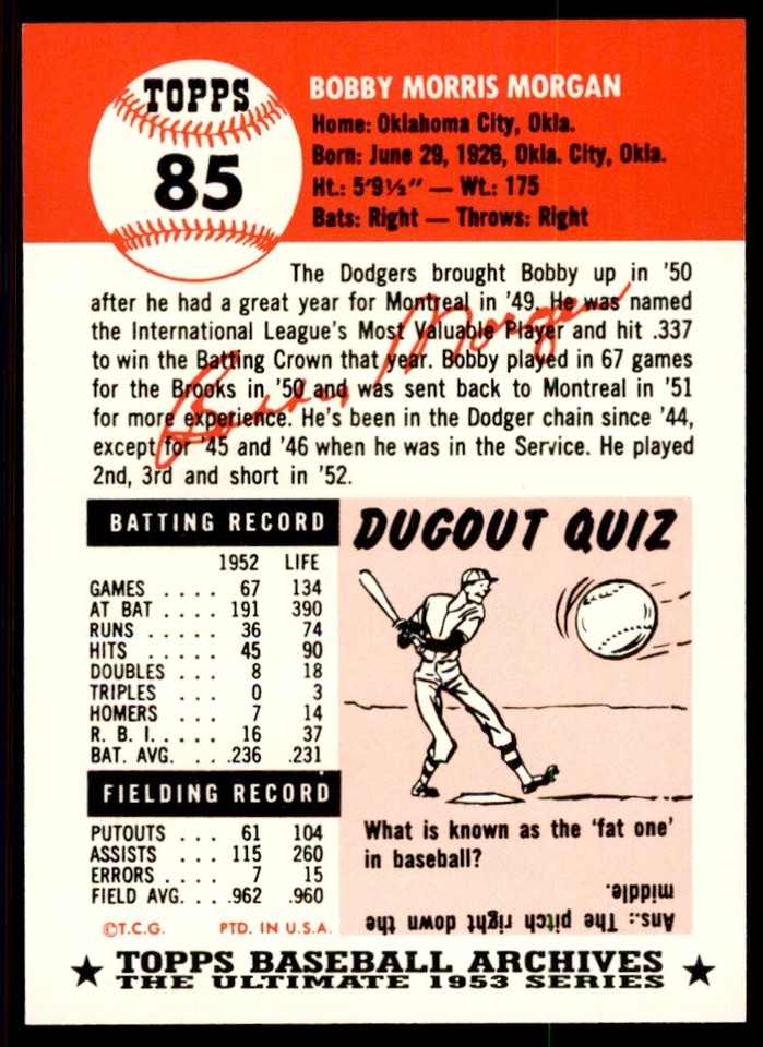1991 Topps Archives 1953 Bobby Morgan . Brooklyn Dodgers #85 | eBay