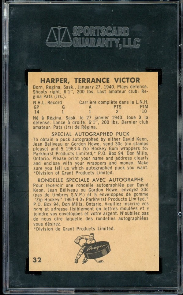 1963-64 PARKHURST HOCKEY #32 Terry Harper Rookie SGC 7 NM Montreal ...