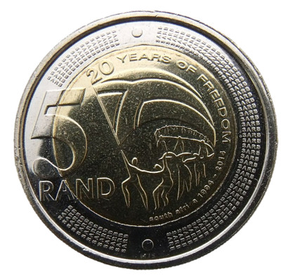SOUTH AFRICA 5 RAND 2014 20 YEARS OF FREEDOM BI-METALLIC WILDBEEST BULL ...