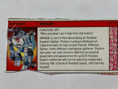 Transformers G1 Mirage Hasbro tech spec bio card | eBay