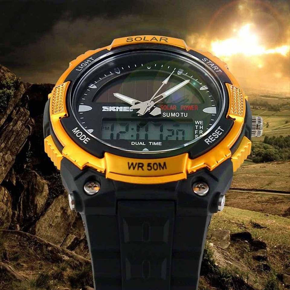 Men's Solar Power Sport Dual Time LED Digital Waterproof Analog Quartz ...