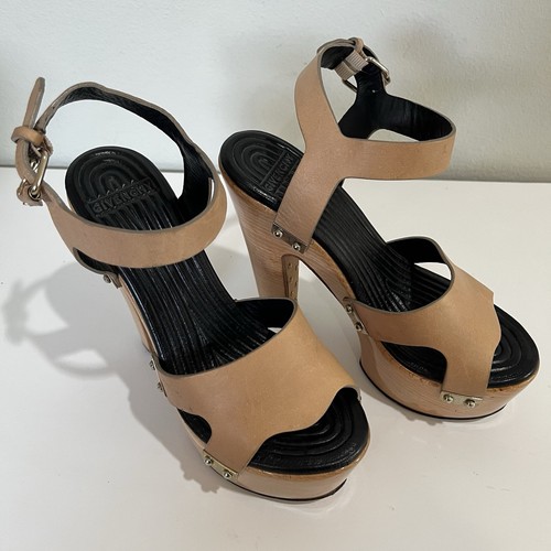 Givenchy Authentic Tan Leather Gold Studded Wood Platform Heel Sandals ...