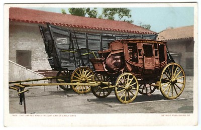 c.1900 PIONEER STAGE LINE STAGECOACH w/HORSE-DRAWN FREIGHT CAR~ORIGINAL ...