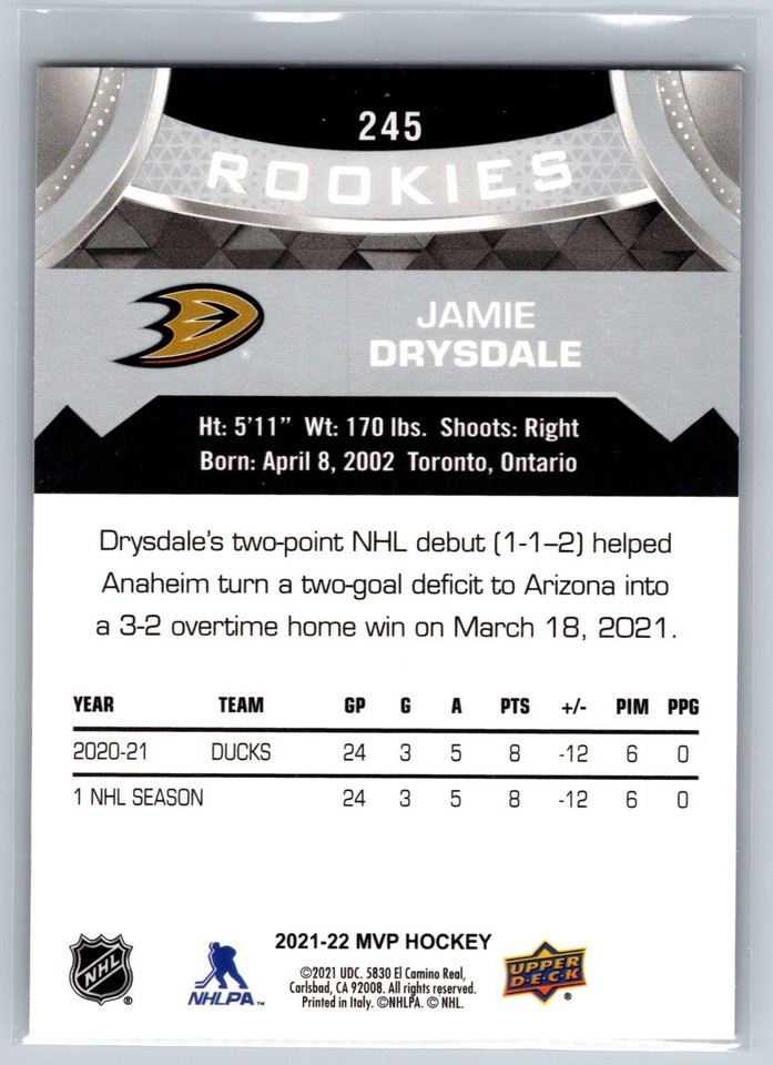 2021 Upper Deck MVP #245 Jamie Drysdale Anaheim Ducks ROO Silver Script ...