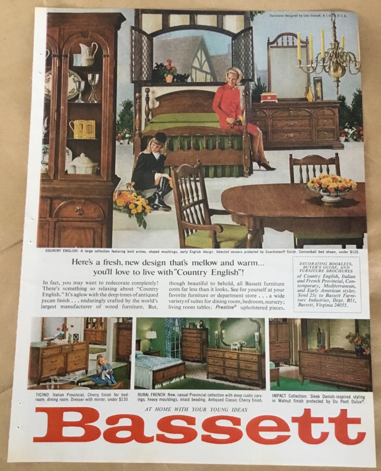 Bassett furniture print ad 1965 vintage retro 1960s art home decor ...