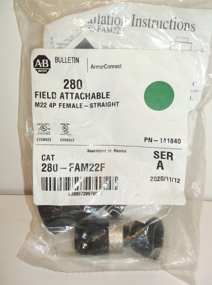 Allen-Bradley 289 Field Attachable M22 4P Female Straight Cat # 280 ...