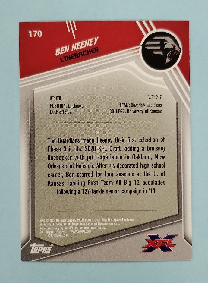 2020 Topps XFL Football Ben Heeney Green Rookie RC #170 Card /99 | eBay