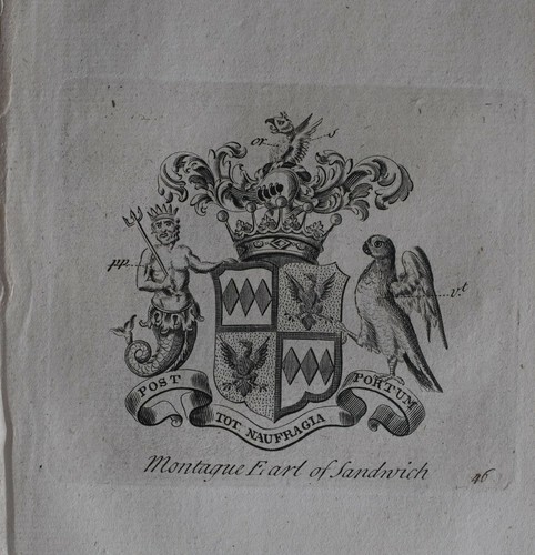 1756 ANTIQUE PRINT FAMILY CREST COAT OF ARMS MONTAGUE EARL OF SANDWICH ...