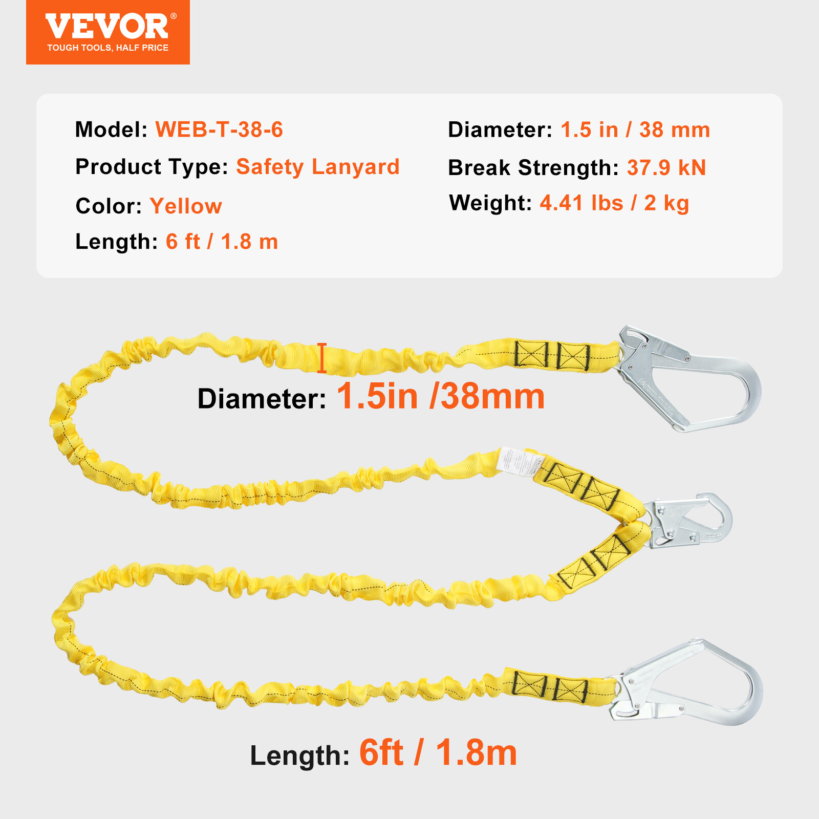 VEVOR 38mm Safety Lanyard 6ft(1.83m) Fall Protection Lanyard 2 Hooks ...