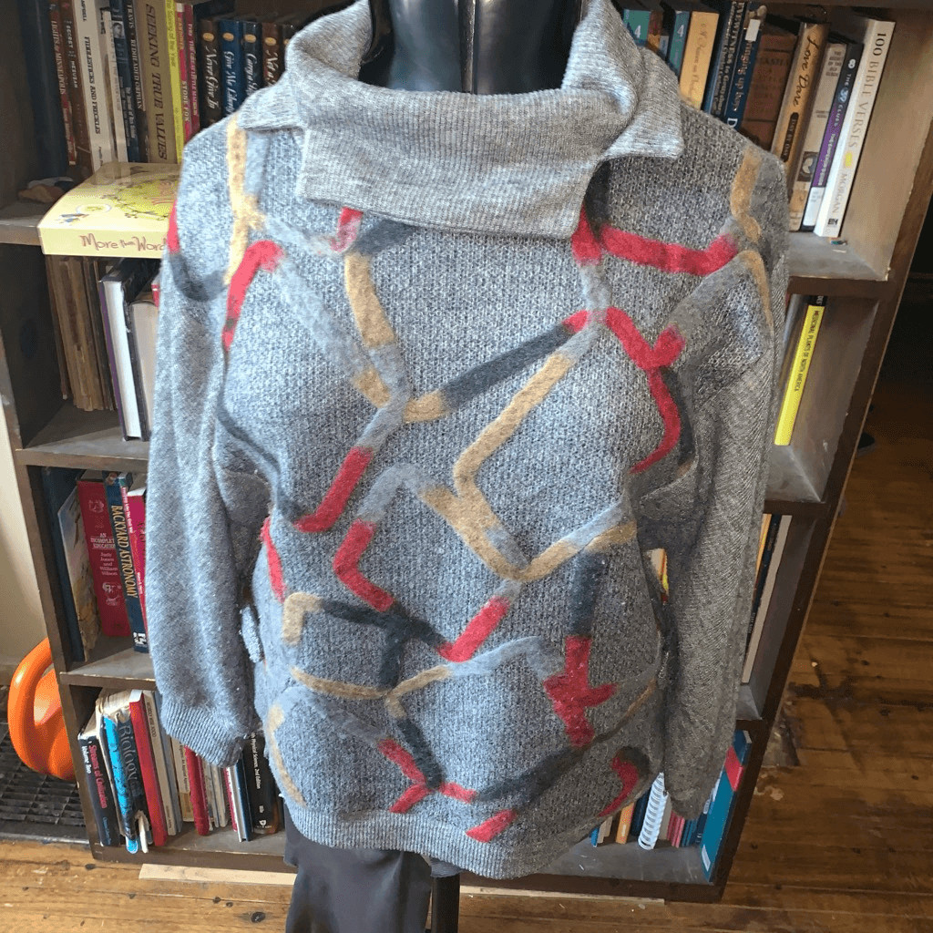 Trisha Tyler abstract cowl neck gray cropped artsy sw… - Gem