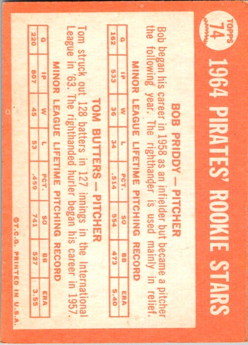 1964 Topps #74 Pirates 1964 Rookie Stars (Bob Priddy / Tom Butters ...