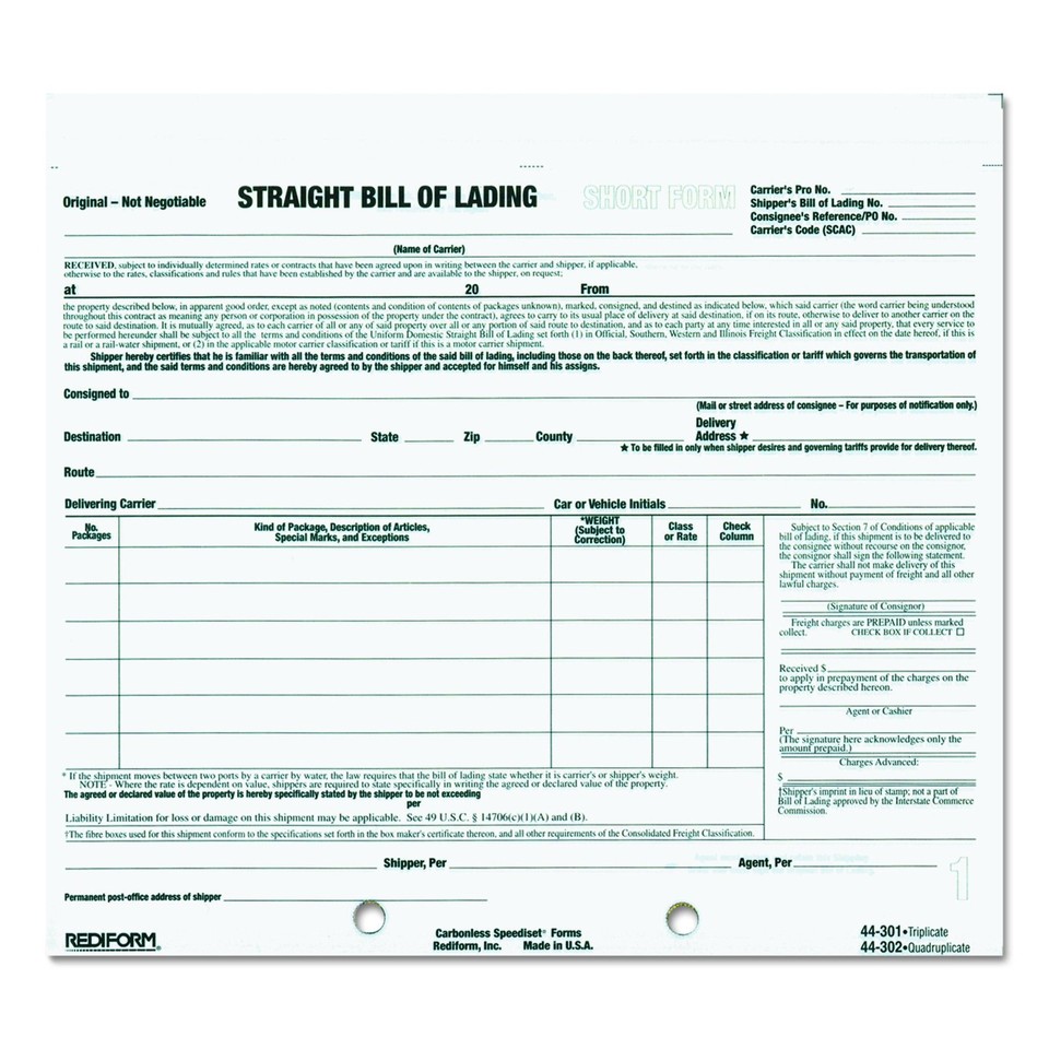 Bill of Lading, Snap-A-Way Design, Carbonless Triplicate Forms, 8.5" x ...