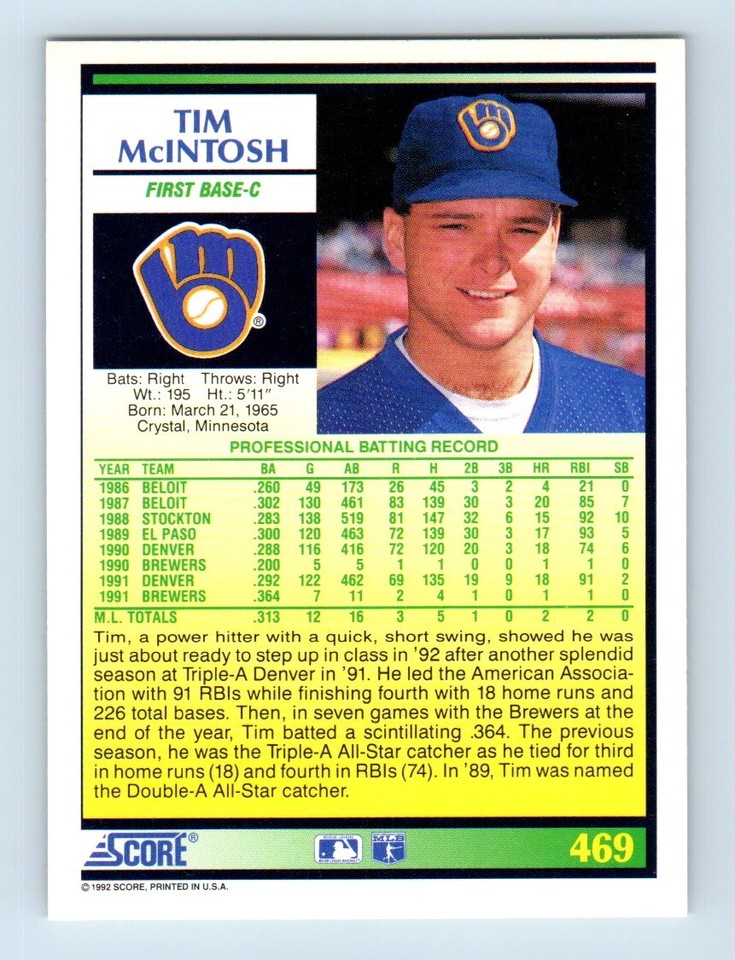 1992 Score Tim McIntosh Milwaukee Brewers #469 | eBay