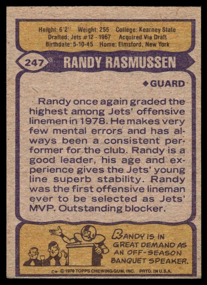 1979 Topps Randy Rasmussen New York Jets #247 | eBay