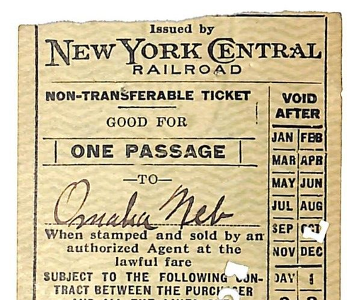 Chicago Great Western / New York Central Railroad Ticket 1920 Omaha, NE ...