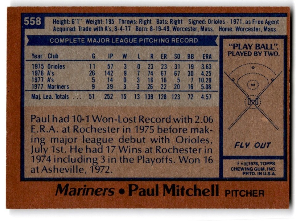 1978 Topps Paul Mitchell Seattle Mariners #558 | eBay
