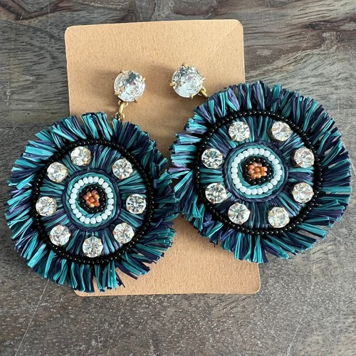 J.Crew Raffia Fringe Disc Blue Rhinestone Studded Statement Post ...