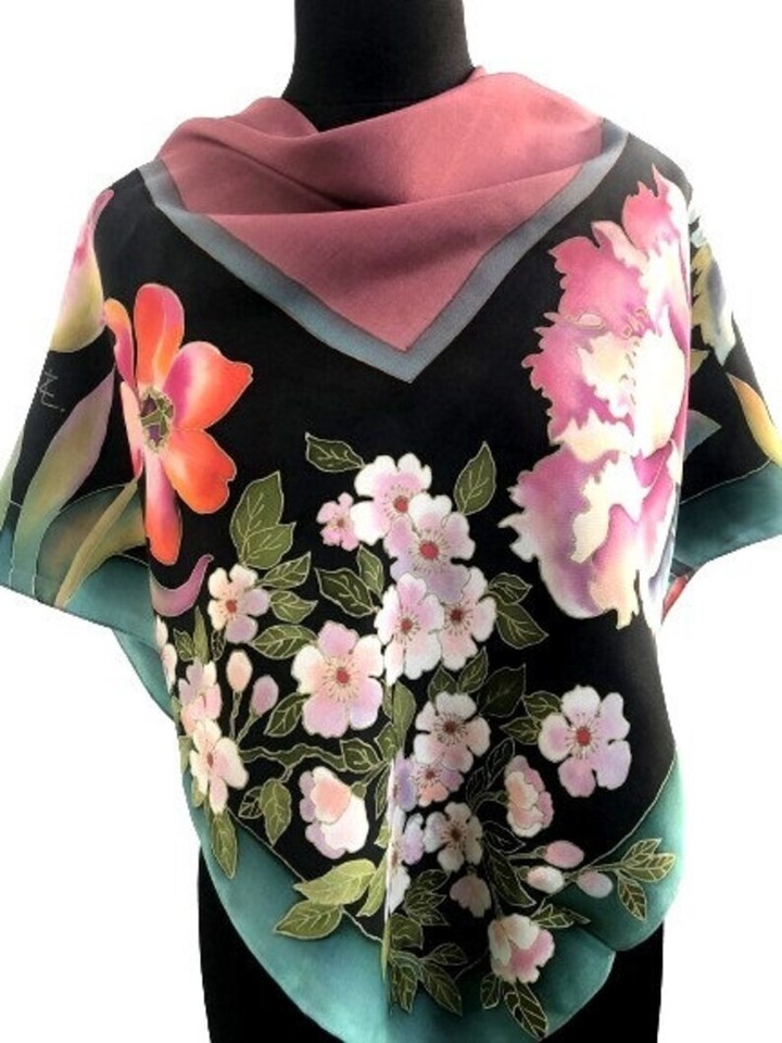 Hand painted silk shawl ′Spring flowers′, 100 % silk designer scarf 39/ ...