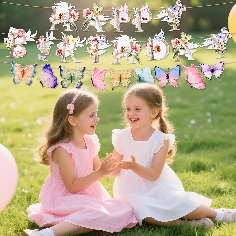Flower Butterfly Happy Birthday Banner, Fairy Garden Wildflower ...
