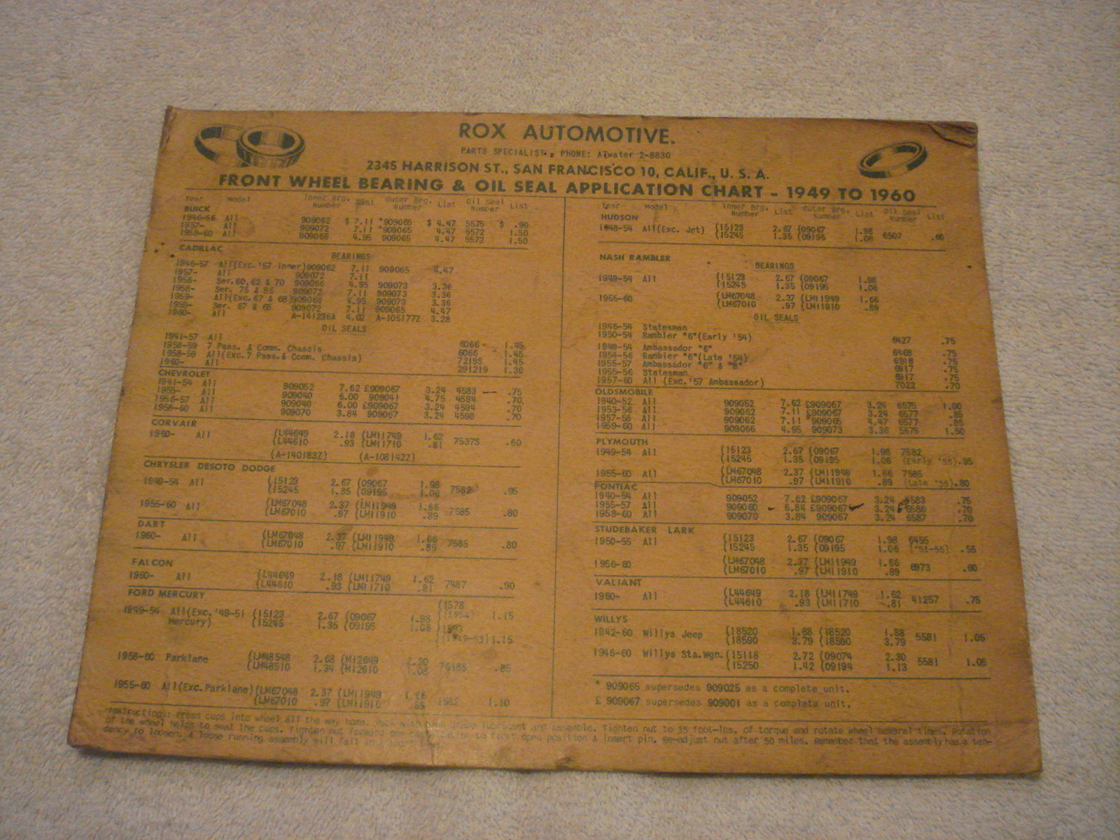 1960 Rox Automotive Front Wheel Bearing & Seal Application Chart 1949 ...