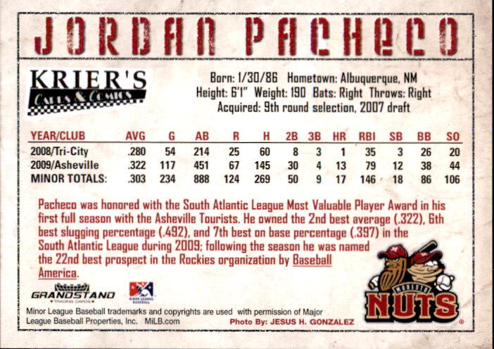 2010 Modesto Nuts Grandstand #16 Jordan Pacheco Albuquerque New Mexico ...