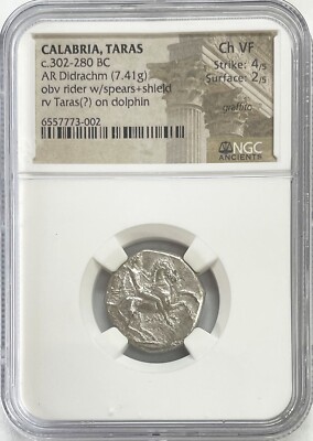 c. 302- 280 BC SILVER CALABRIA, TARAS BOY ON DOLPHIN DIDRACHM COIN NGC ...