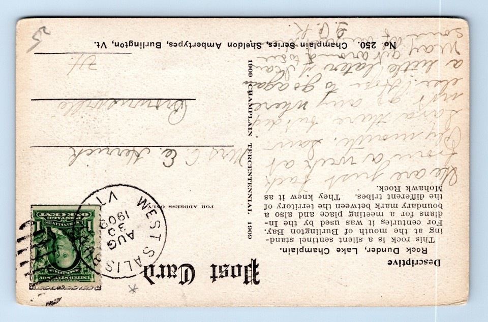 Rock Dunder Lake Champlain Burlington Vermont VT 1909 DB Postcard O2 | eBay