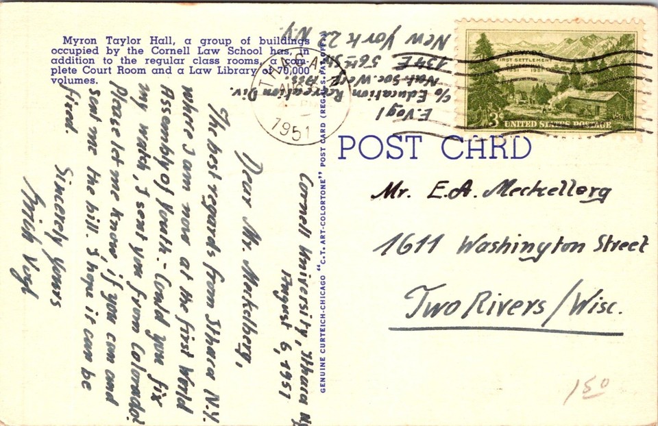 Myron Taylor Hall Cornell University Campus New York Postcard E86 | eBay