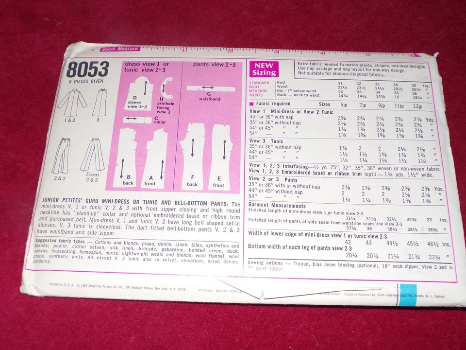 🌺1968 SIMPLICITY #8053-LADIES BELL BOTTOM PANTS-MINI DRESS-TUNIC ...