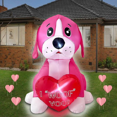 4Ft Valentines Day Inflatables Pink Dog with Heart Decoration, LED Blow ...