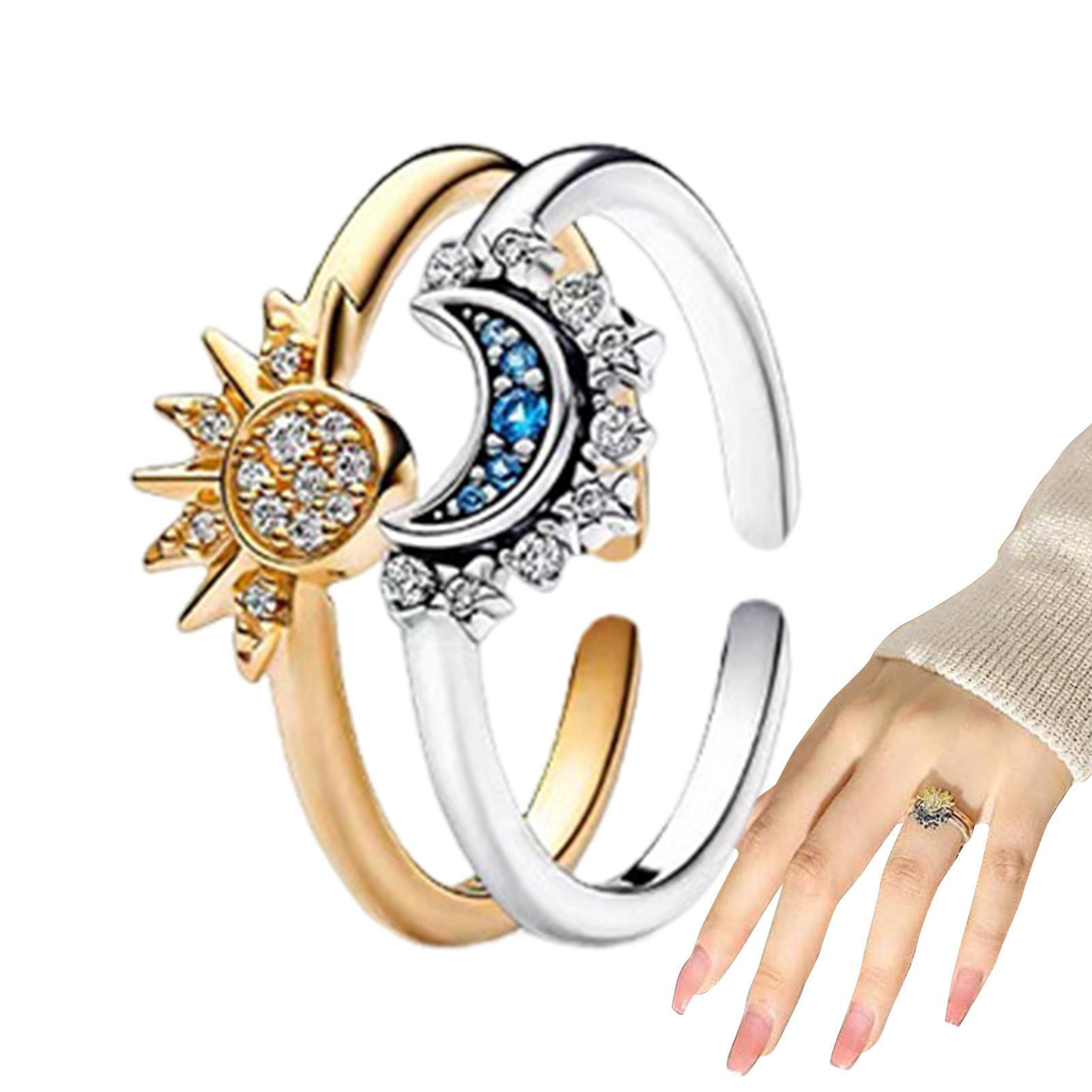 Celestial Crystal Ring Sun Moon Rings For Women Crescent Jewelry Open Ring Gifts | eBay