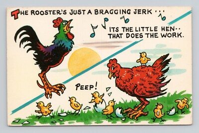 Postcard The Roosters Just A Bragging Jerk Little Hen Does The Work ...