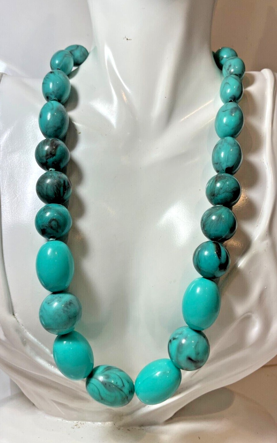 Vintage Chunky Blue Marble Grey Turquoise Plastic Bea… - Gem