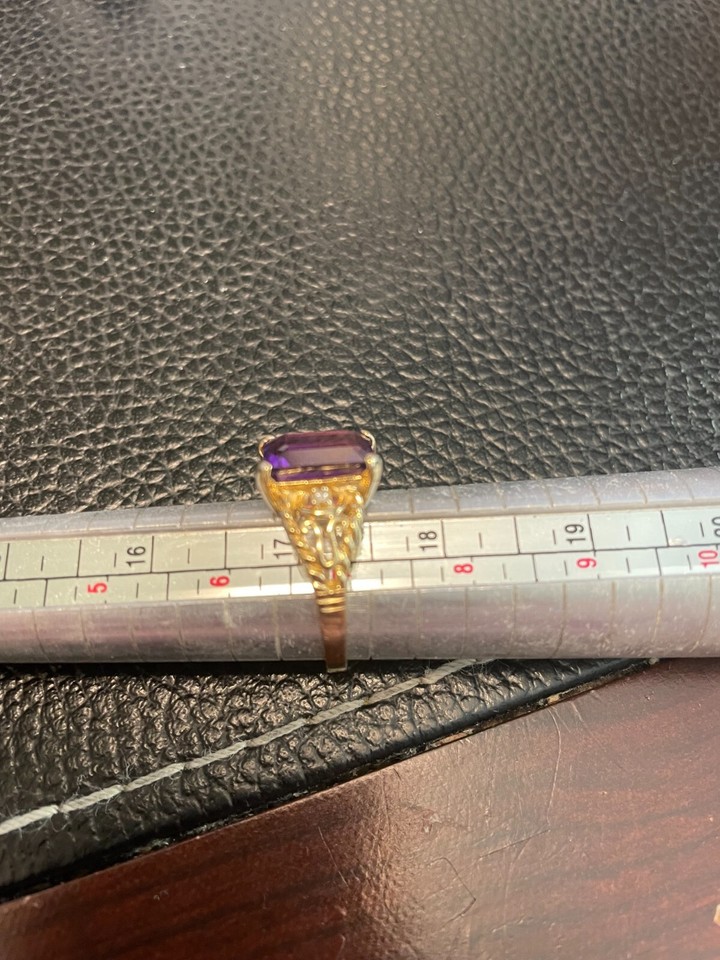 Elegant 14K Yellow Gold Emerald Cut Amethyst & Melee Diamond Ring | eBay