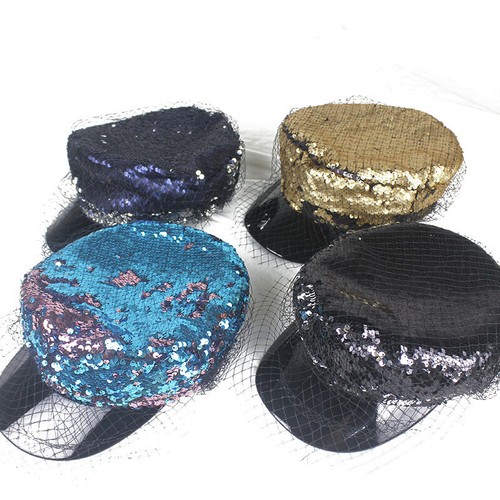 Women Sequins Fiddler Cap with Veil Military Style Army Captain Hat ...
