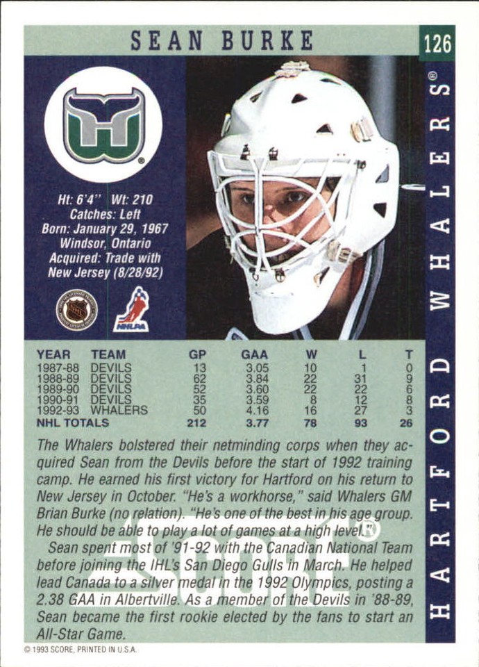 1993-94 Score Whalers Hockey Card #126 Sean Burke | eBay