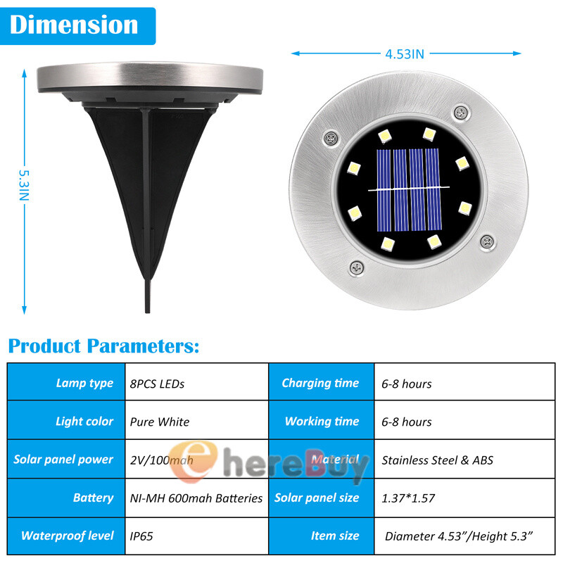 4Pack Solar Ground Light 8 LED Outdoor Disk Lighting Landscape Yard ...