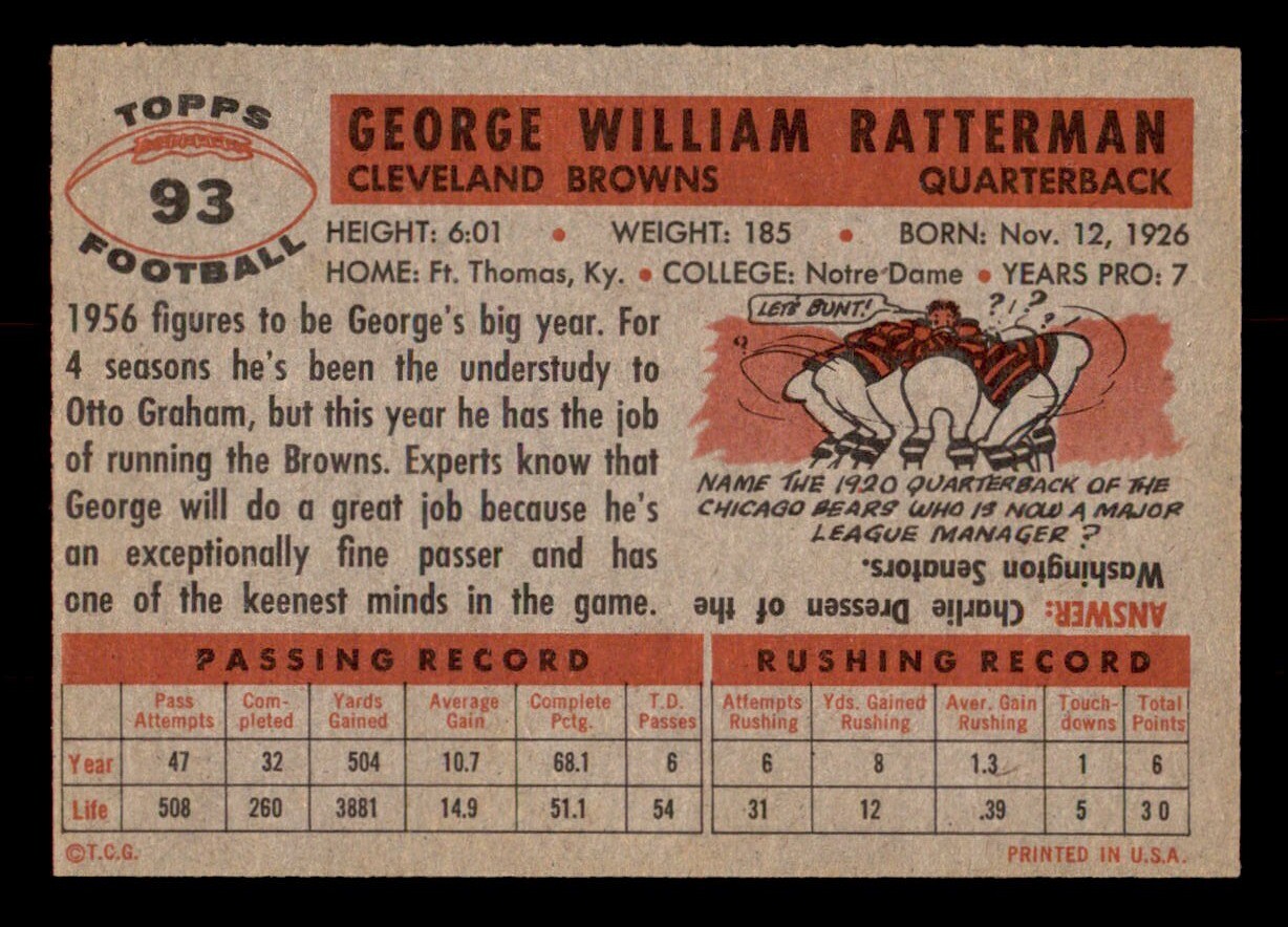 1956 Topps Football #93 George Ratterman NM | eBay