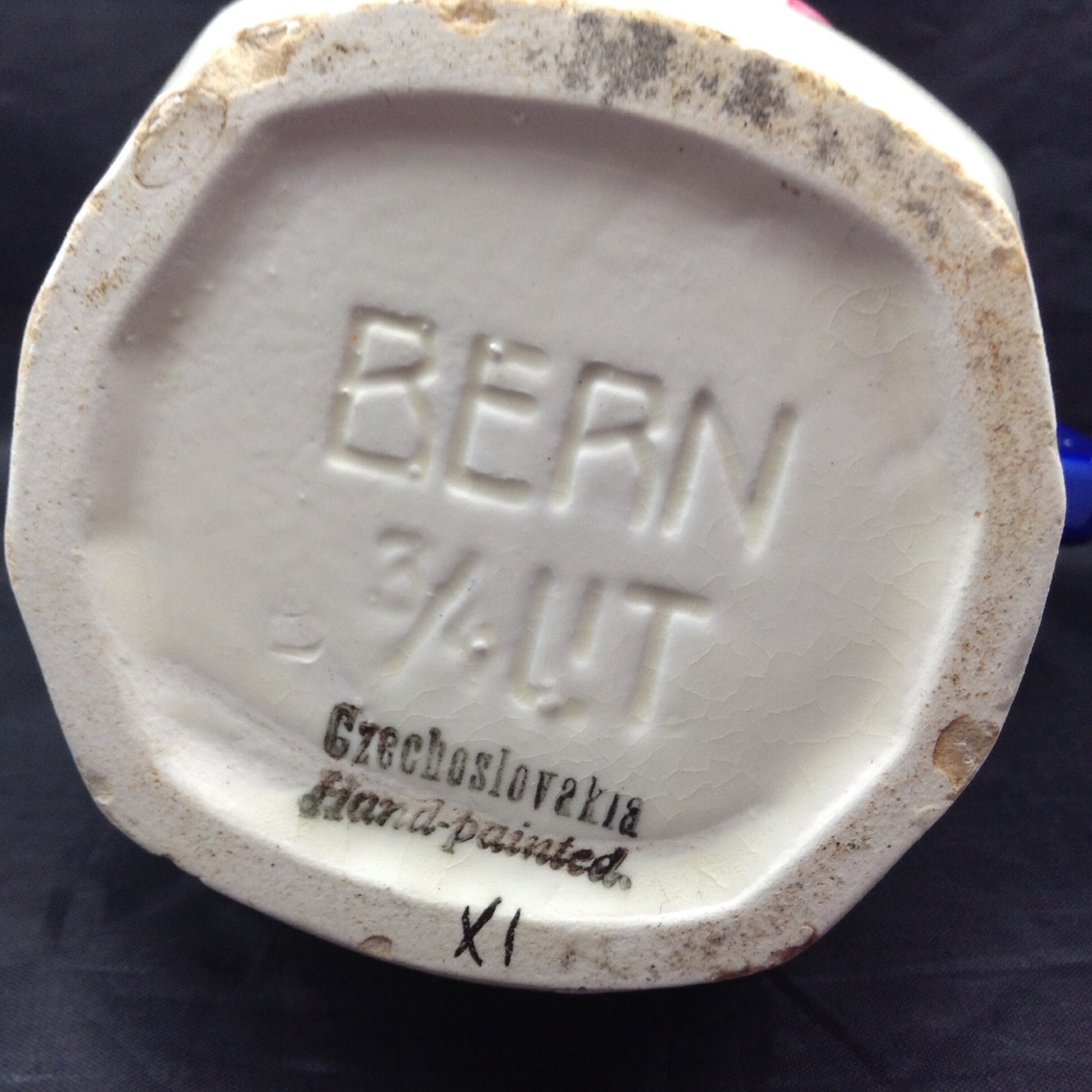Czechoslovakia Bern .75 lt Pottery Creamer Pitcher Vtg White Blue Fruit ...