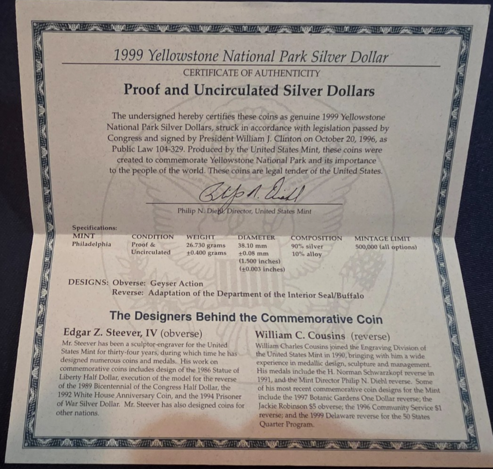 1999 Yellowstone National Park Silver Commemorative Coin Set Of 2 OGP ...