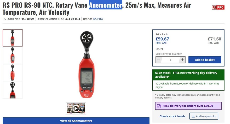RS Anemometer 155-8899 RS PRO RS-90 wind speed gauge | eBay UK