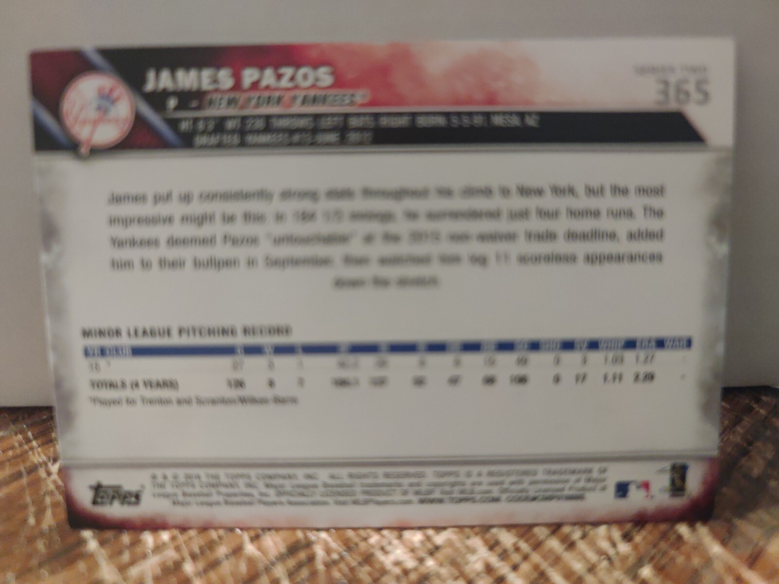 James Pazos Autographed 2016 Topps Signed Baseball Card #365 New York ...