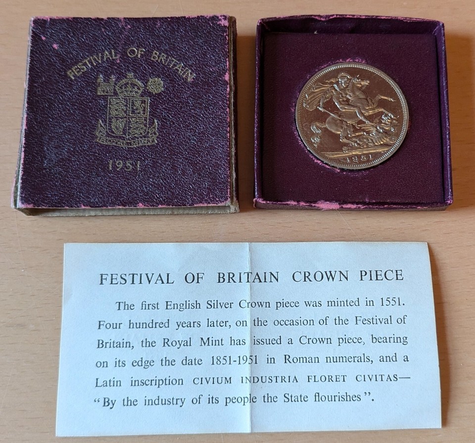 FESTIVAL of Britain Silver 1951 Crown Coin Old Box COA Antique Stamps ...