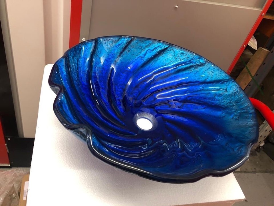 BLUE Turquoise ROUND RIPPLE EDGE GLASS BASIN SINK WASH BOWL LUXURY ...