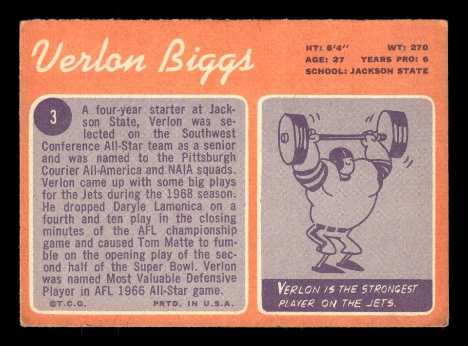 Verlon Biggs 1970 Topps #3 New York Jets GD | eBay