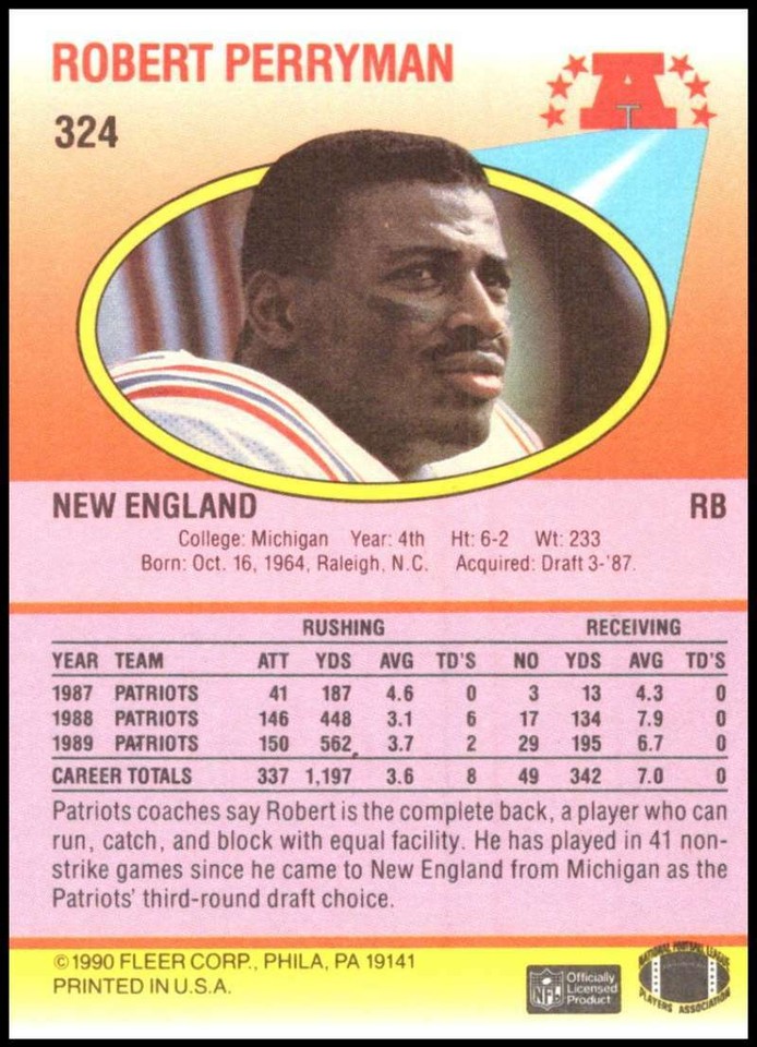 1990 Fleer #324 Bob Perryman NM-MT Patriots | eBay