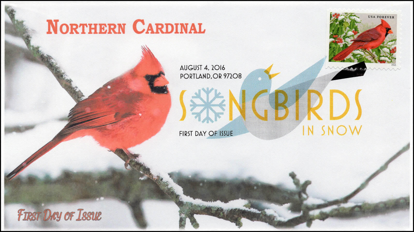 2016 Songbirds in Snow Northern Cardinal stamp DCP FDC 16-245