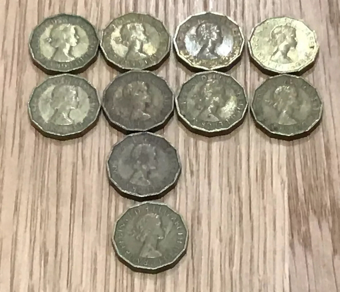 Vintage Threepenny Bits 3d x 10 - British Money Coin 1958, 1960, 1962 ...