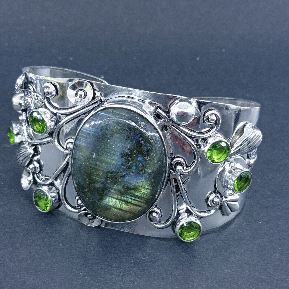 925 Sterling Silver Labradorite & Green Peridot Gemstone Jewelry Cuff ...