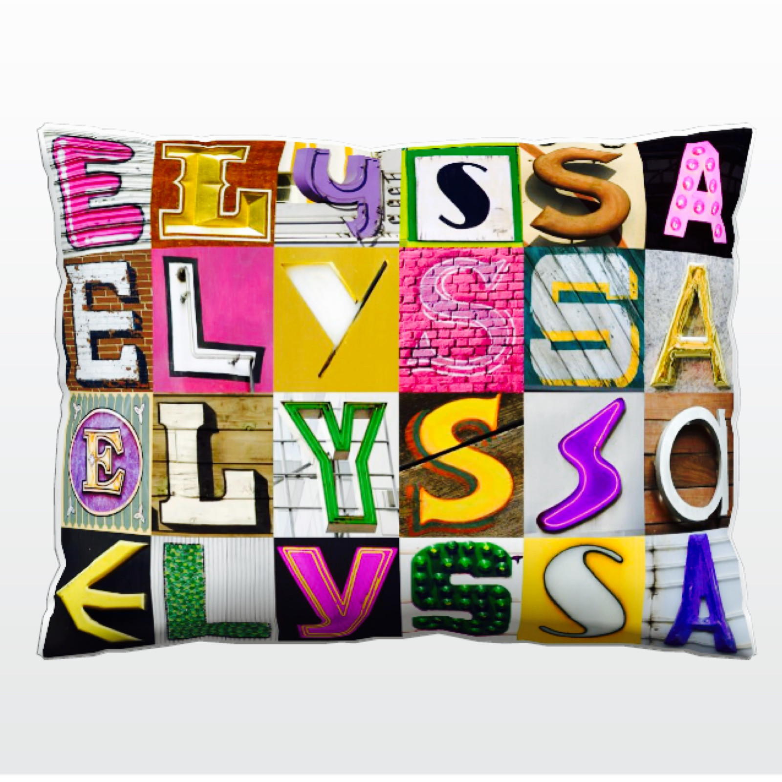 Personalized Pillow featuring the name ELYSSA in photos of sign letters ...